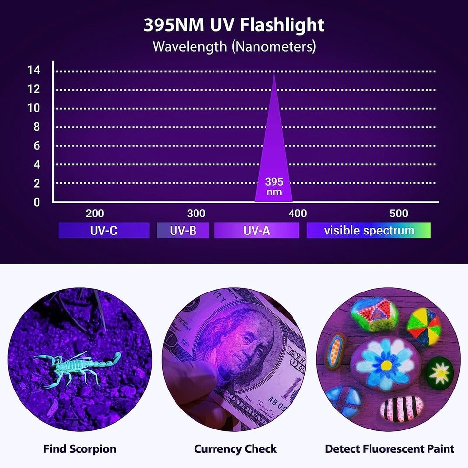 Zoom 395nm UV Light Blacklight Rechargeable Tactical LED Flashlight ...