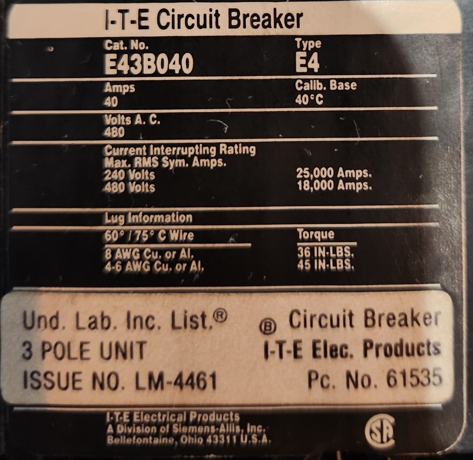Siemens ITE 40 Amp Circuit Breaker 480 VAC 3 Pole E43B040 for sale ...