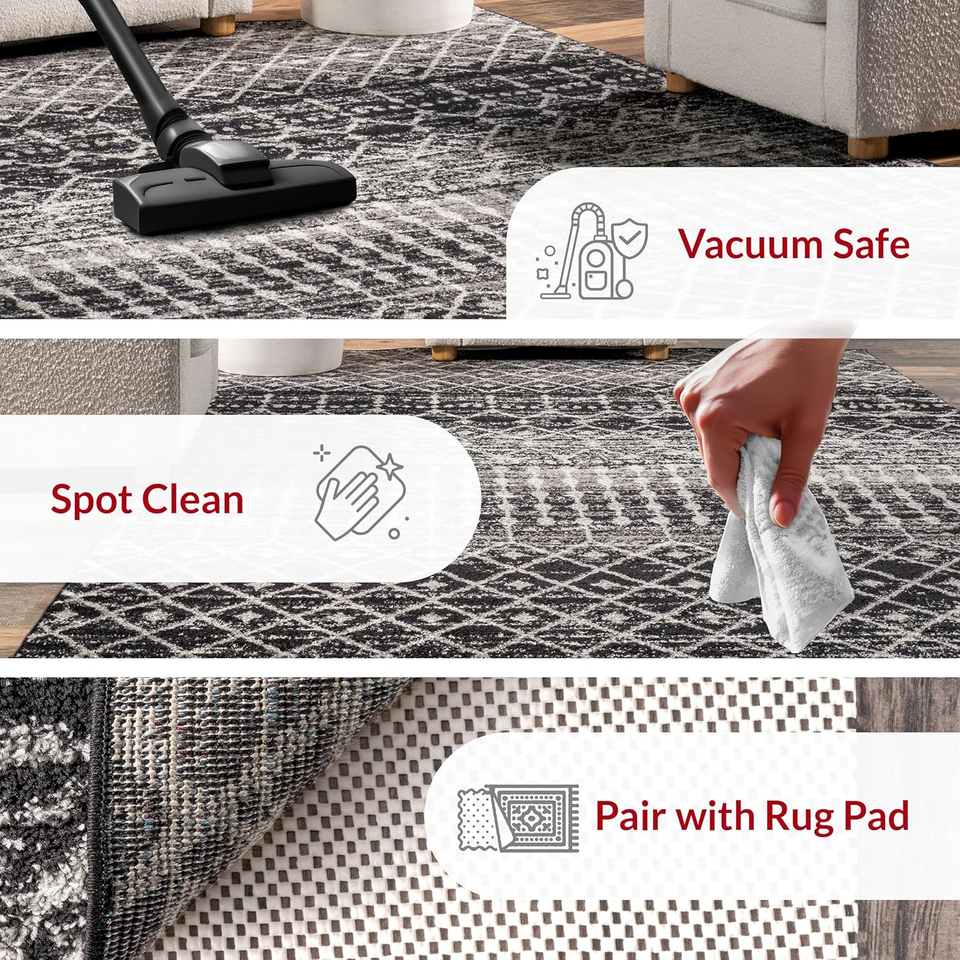 2X3 Moroccan Blythe Area Rug, Black, Faded Bohemian Design, Stain ...