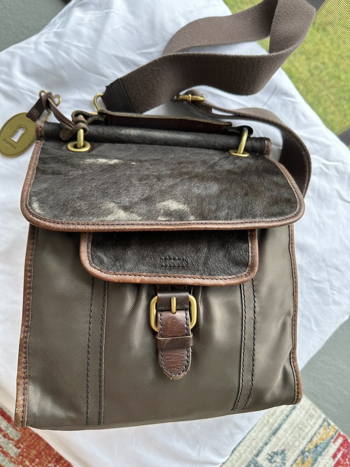 FOSSIL EMORY OLIVE GREEB NYLON CROSSBODY BAG LEATHER BRASS CALF HAIR ...