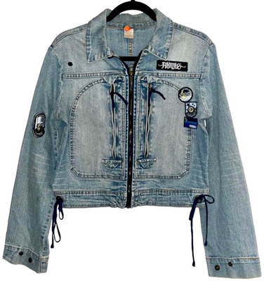 AKDMKS AKADEMIKS M LIGHT BLUE DENIM ZIP JACKET EMBROIDERY PATCH PREOWN ...