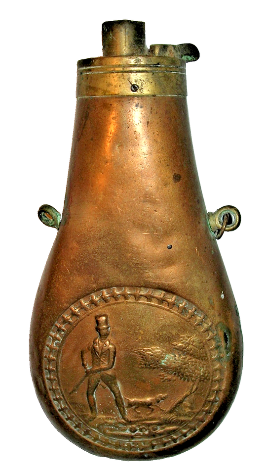 Antique COPPER POWDER or SHOT FLASK with HUNTING SCENE, MAN, HIS DOG ...