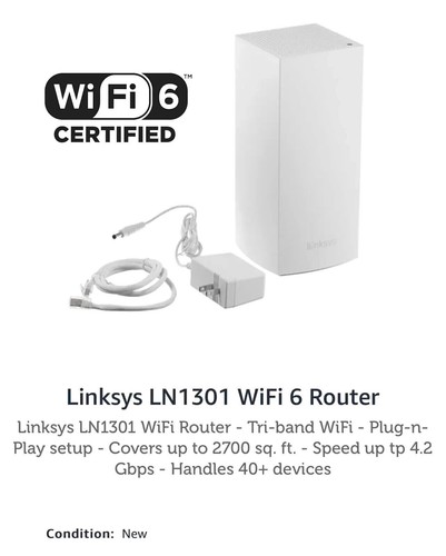 🆕 Linksys WiFi 6 🛜 Router LN1301 / MX4300 Tri-Band 2700 sq.ft. Plug-n ...