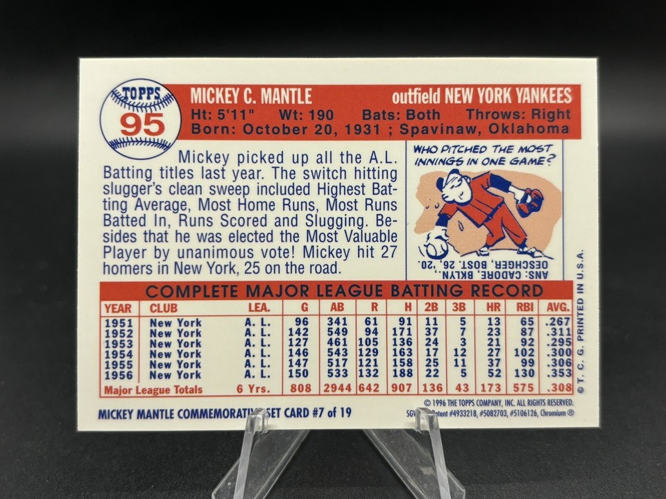 1996 Topps Mantle Finest 1957 CHROME REPRINT #7 Mickey Mantle New York ...