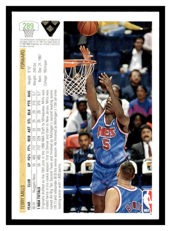 1991 Upper Deck #289 Terry Mills - New Jersey Nets Rookie | eBay