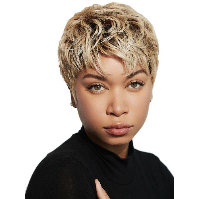 Short Pixie Cut Hair Wig Dark Blond Highlight Synthetic Short Wigs for ...