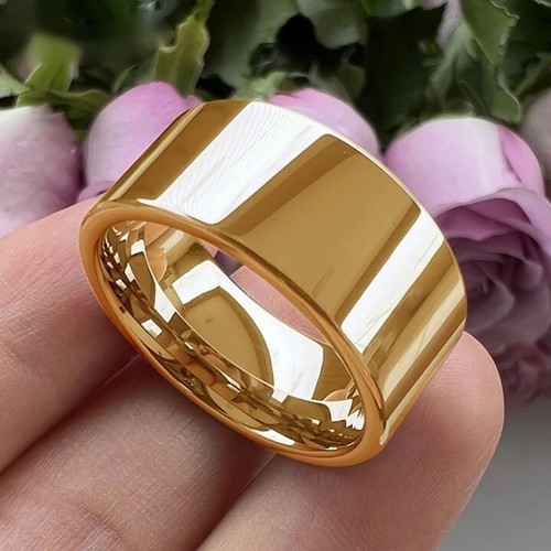 10/12MM Gold Color Wide Glossy Shiny Tungsten Carbide Ring Band Men ...
