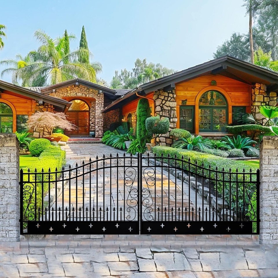 20x8 FT Steel Dual Swing Driveway Gate|Star Style| Powder Coated Rust ...