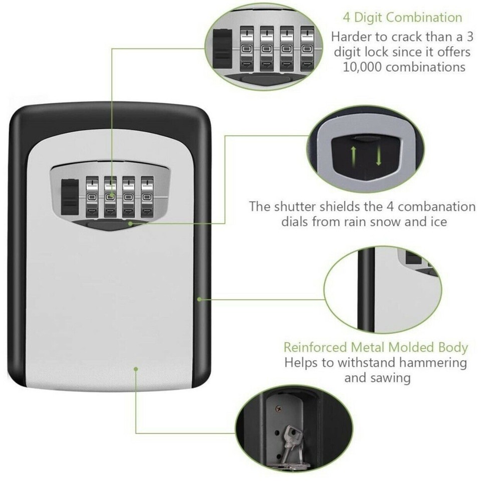 4 Digit Combination Lock Box Wall Mount Security Safe XL Large 6 Key ...