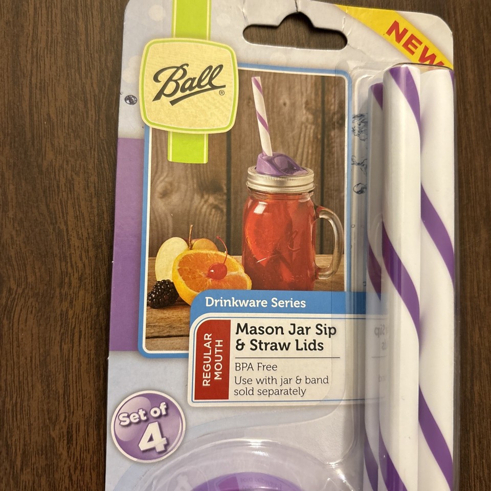 New BALL Set of 4 Purple Mason Jar Sip & Straw Lids-Regular Mouth NIP ...