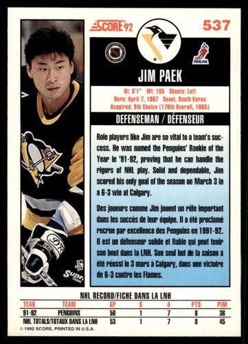 1992-93 Score !!!! Jim Paek Pittsburgh Penguins #537 | eBay