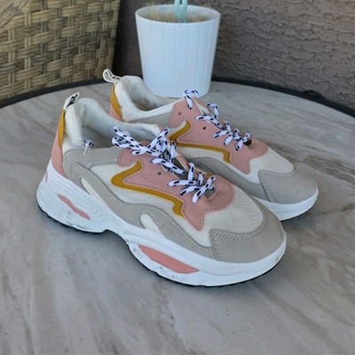 EAF Women's Colorblock Lace Up Sneakers Beige Pink Yellow White Low Top ...