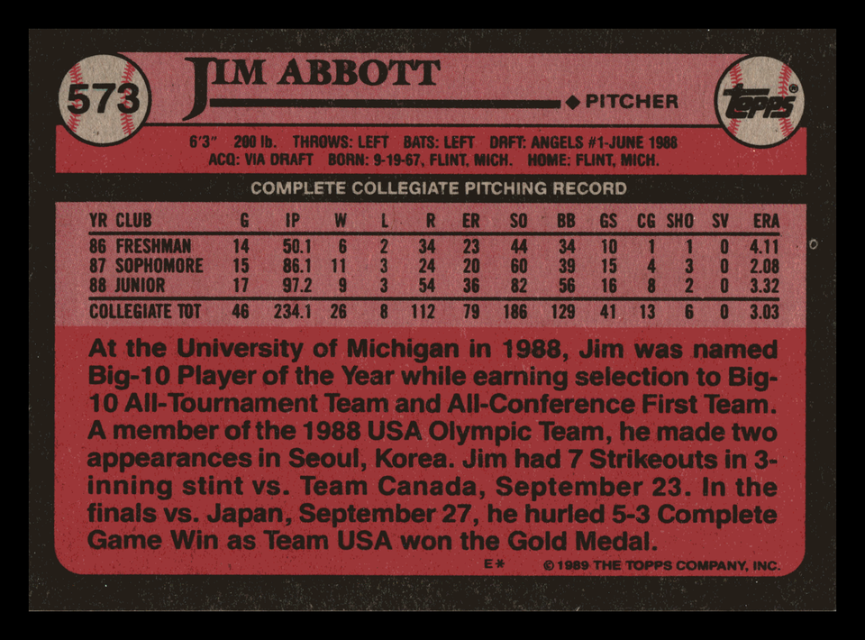 1989 Topps Jim Abbott #1 Draft Pick RC Rookie #573 Mint California ...