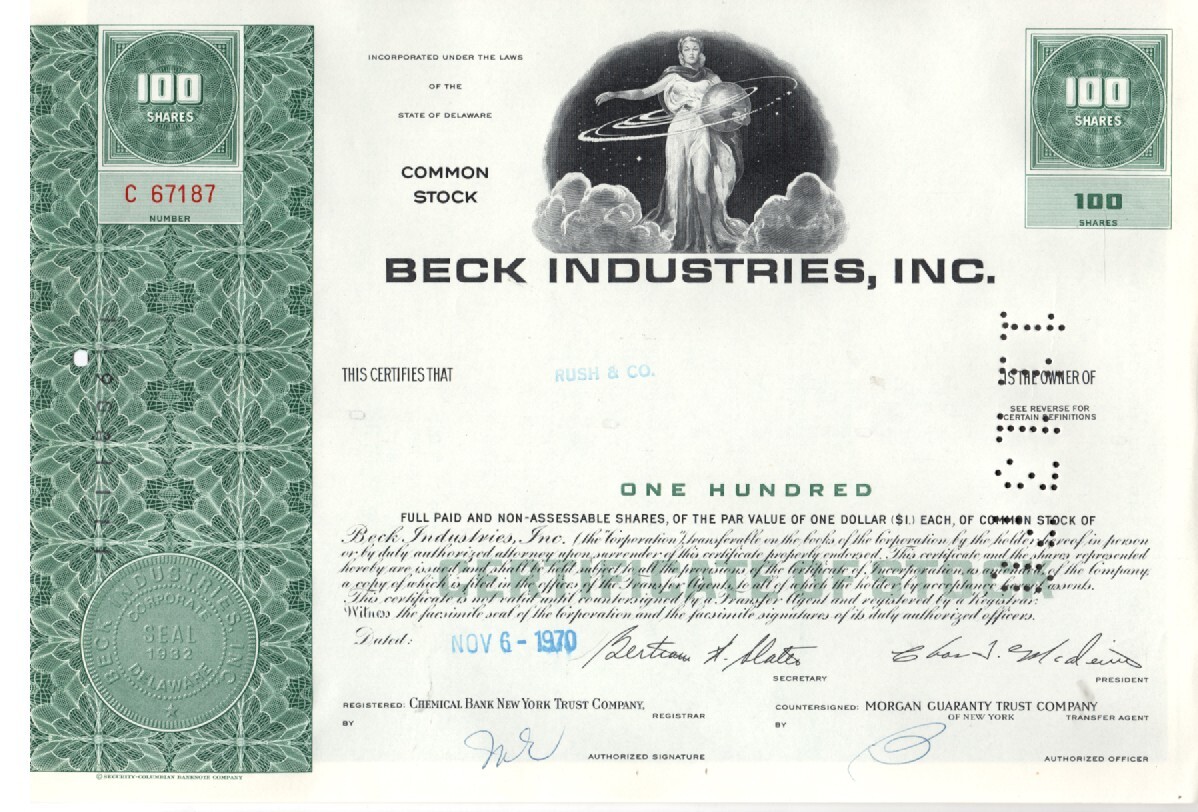Beck Industries, Inc - Original Stock Certificate - 1970 - C67187 | eBay