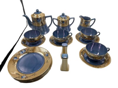 Vtg Japanese Hand Painted Blue & Peach Iridescent Lusterware Tea Set 16 ...