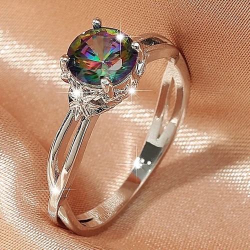 925 Sterling Silver Rainbow Mystical Fire Topaz Wedding Engagement Ring ...