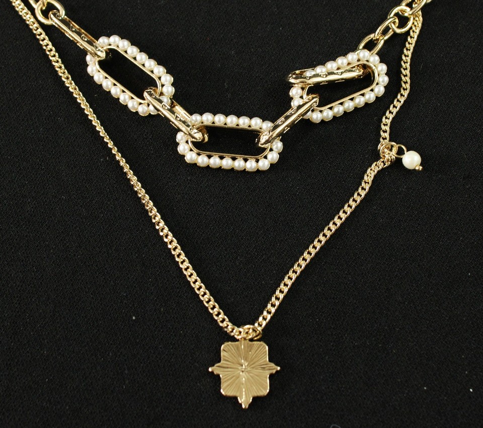 River Island Pearl Chain & Cluster Multi Row Necklace SV3 Gold-Tone ...