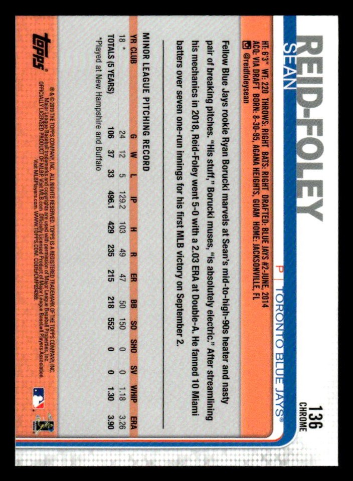 2019 Topps Chrome #136 Sean Reid-Foley Orange Refractor High-Grade | eBay