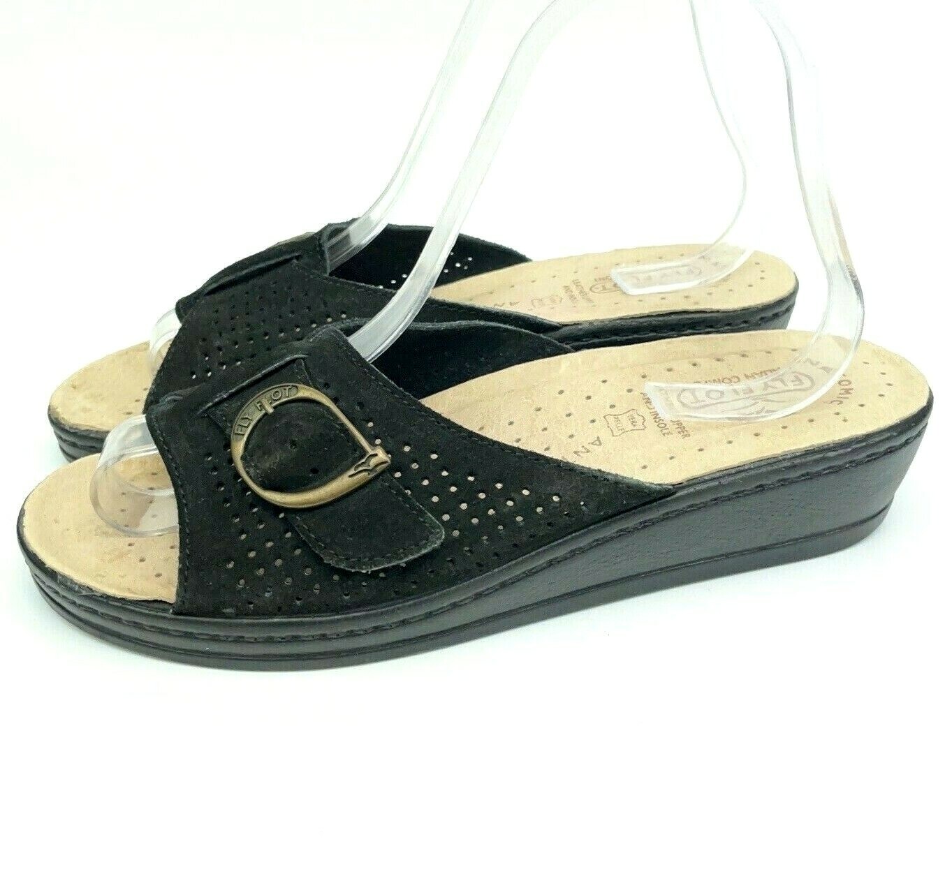 FLY FLOT Anatomic Wedge Sandals Black Perforated Leat… - Gem