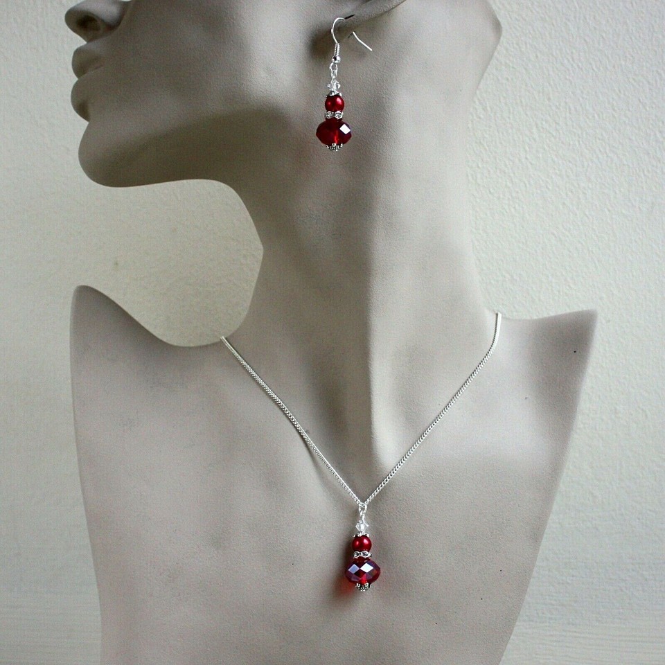 Red pearls crystals necklace bracelet earrings wedding bridal ...