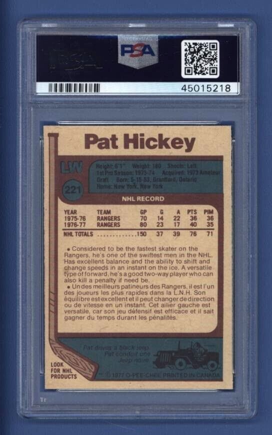 1977-78 OPC O-PEE-CHEE #221 PAT HICKEY PSA 8 NM-MT New York Rangers ...