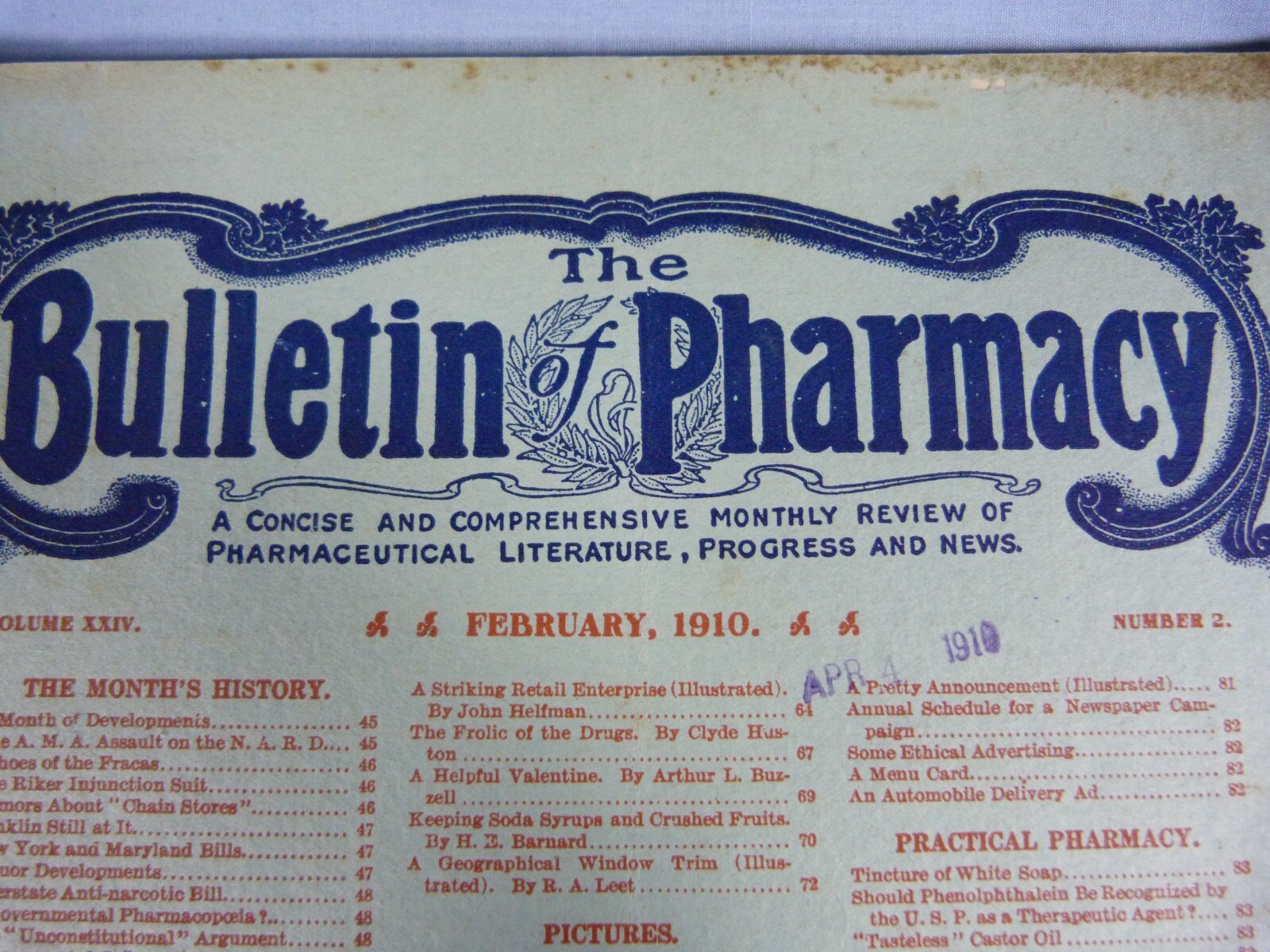ANTIQUE THE BULLETIN OF THE PHARMACY c.1910 MONTHLY REVIEW. 60 pages GC ...