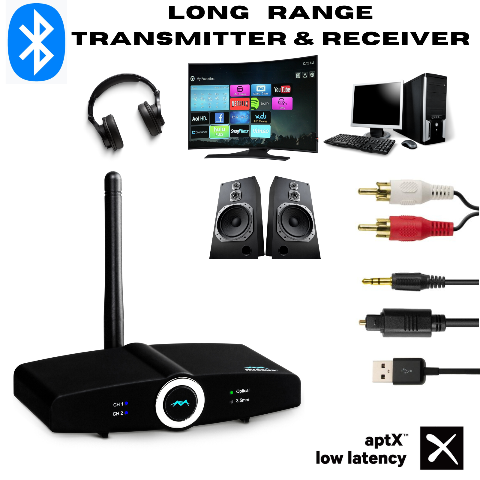 Bluetooth Range Extender Transmitter for TV PC Speakers Headphones Home ...