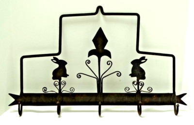 VTG Hand Forged Prim. Wrought Iron Folk Art 5 Hook Wall Rack RABBIT 24 ...