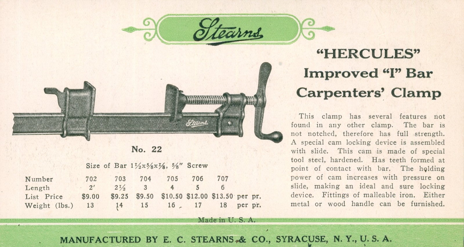 c1900 Stearns Hercules Carpenter Clamp Syracuse NY Hardware Store Ad ...