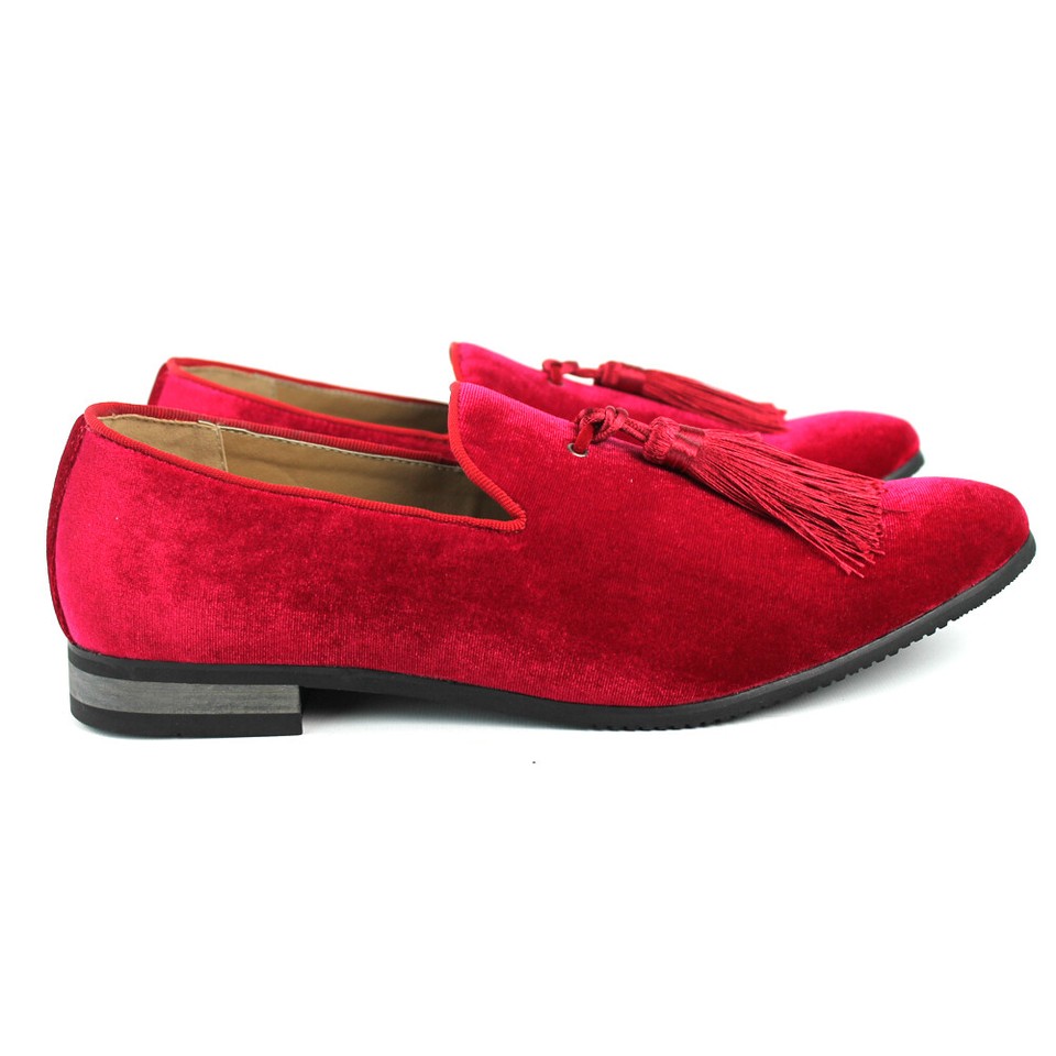 Bright Red Velvet Slip On Loafers Tassel Men's Dress Shoes Modern ...