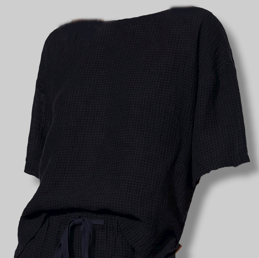 $148 Eileen Fisher Women Blue Black Striped Round Neck Short