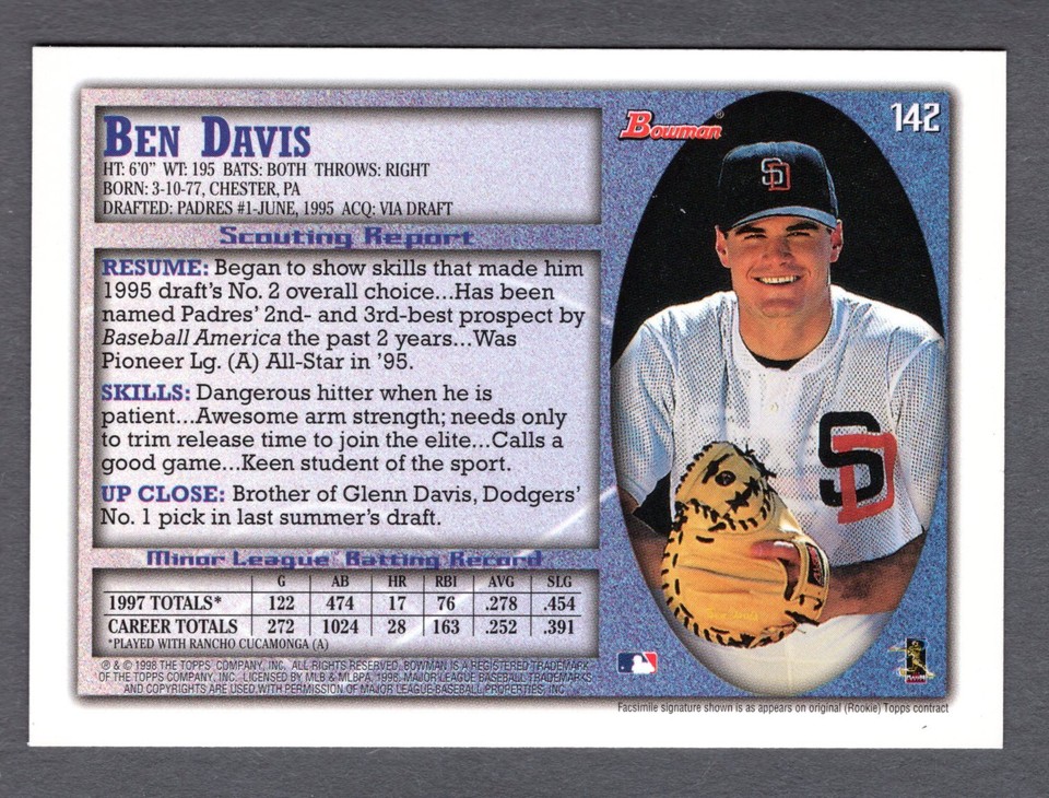 1998 BOWMAN BEN DAVIS CARD #142 **NM-MT** SAN DIEGO PADRES | eBay