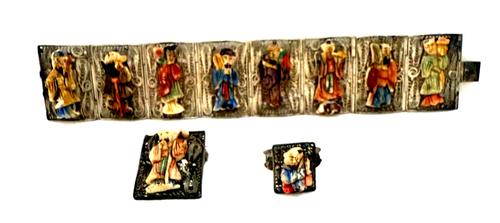 Antique Filigree Silver Chinese Carved Figure 8 Panel Bracelet, Brooch ...