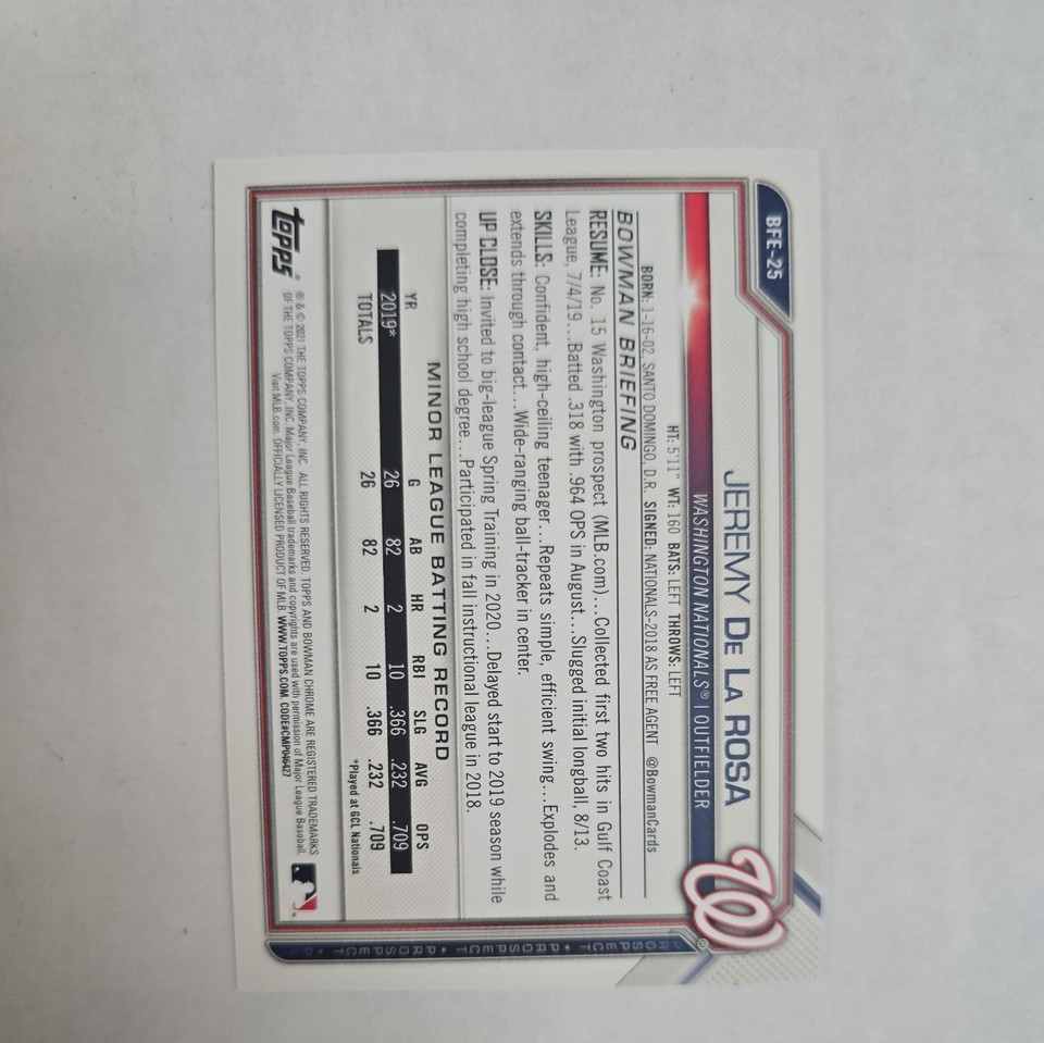 2021 Bowman Jeremy De La Rosa RC Rookie Yellow Refractor /75 SP #BCP-25 ...