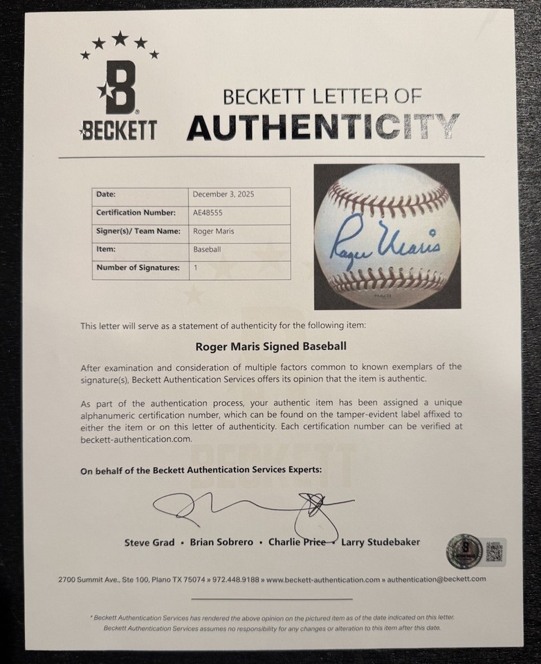 Roger Maris Single Signed Baseball Beckett Authenticated Very Bold ...