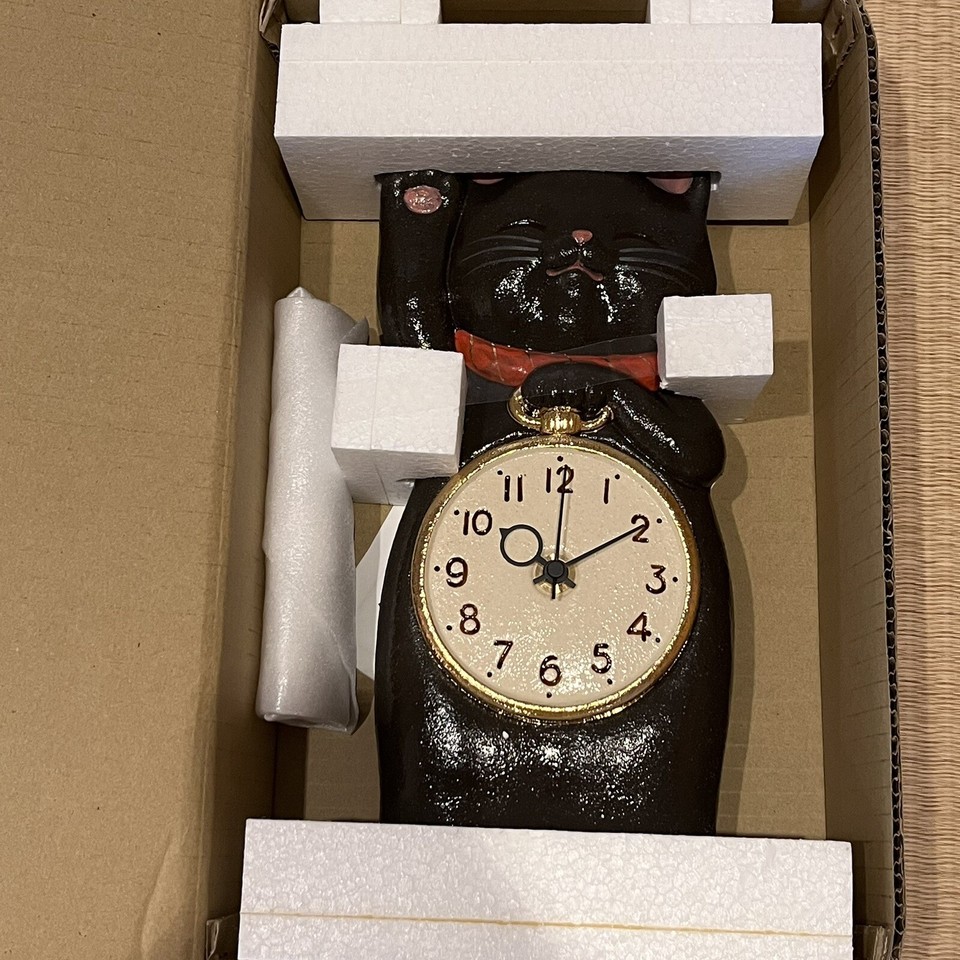 Japanese Black Lucky Cat Manekineko Wall Pendulum Clock Pottery Seto ...