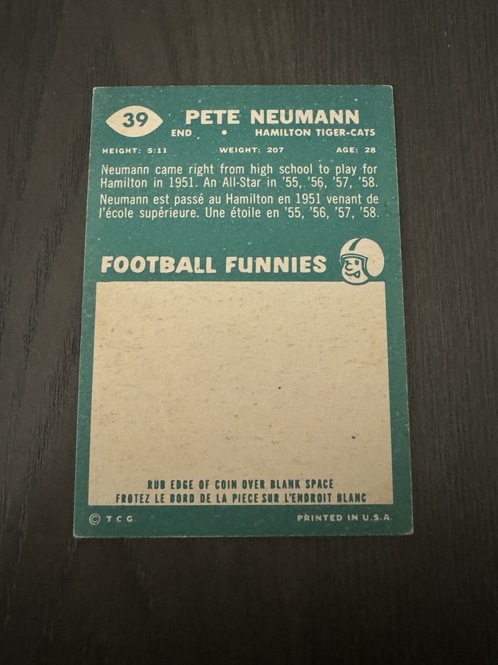1960 Topps CFL 39 Peter PETE NEUMANN Hamilton Tiger-Cats Football Card ...