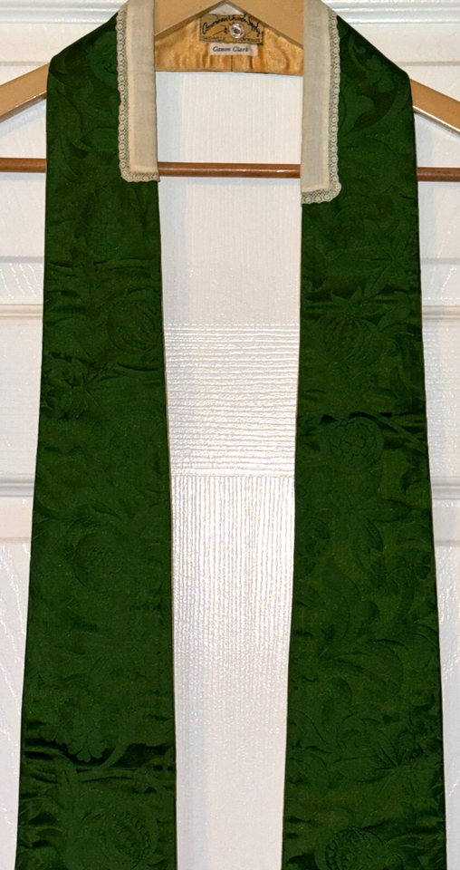 VINTAGE CATHOLIC PRIESTS GREEN SILK BROCADE & GOLD CELTIC CROSS STOLE ...