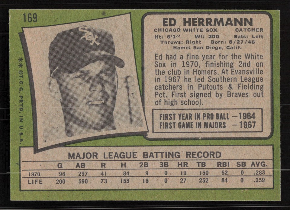 1971 Topps #169 Ed Herrmann Card TCCCX D | eBay
