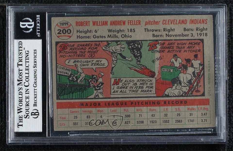 BAS 1956 Topps Bob Feller #200 BGS Authentic Auto HOF | eBay