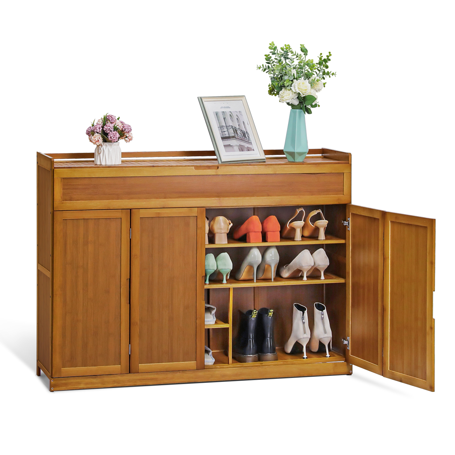 46" Bamboo [BOOTS STORAGE COMPARTMENT] Bifold Door Shoe Cabinet w ...