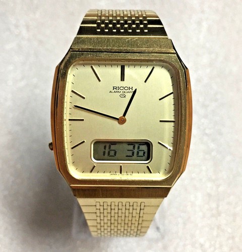 EXCELLENT RARE VINTAGE RICOH GOLD TONE ANA-DIGI ALARM QUARTZ WATCH ...