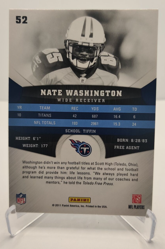 2011 Panini Gridiron Gear #52 Nate Washington Tennessee Titans football ...