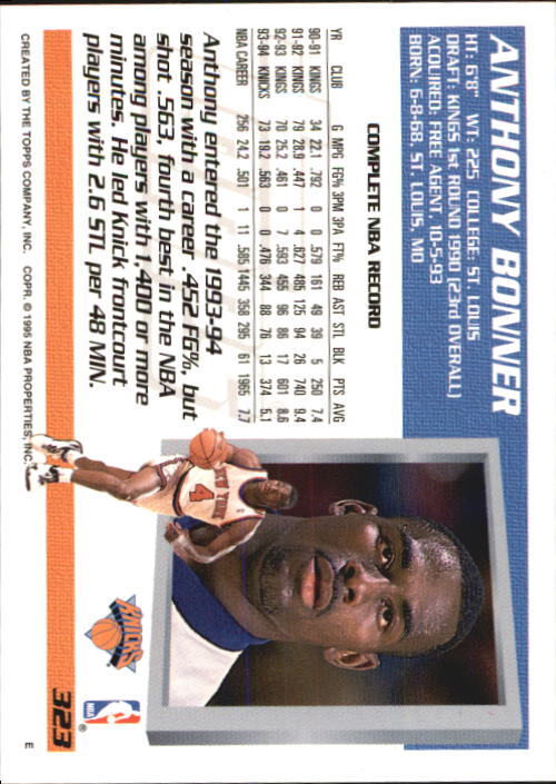 1994-95 Topps New York Knicks Basketball Card #323 Anthony Bonner | eBay