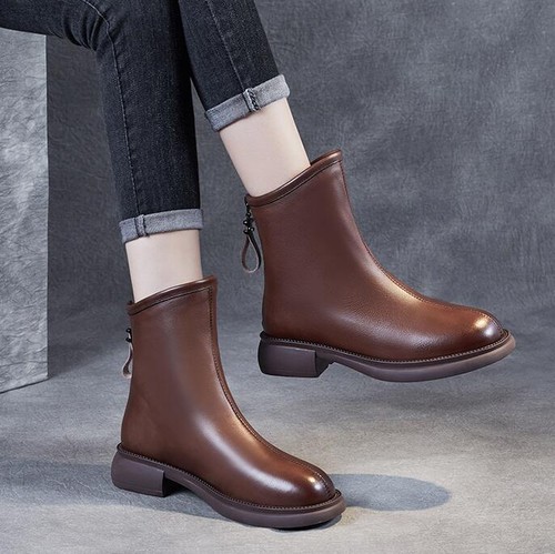 Women Chelsea Boots Real Leather Round Toe Block Heels Back Zipper ...