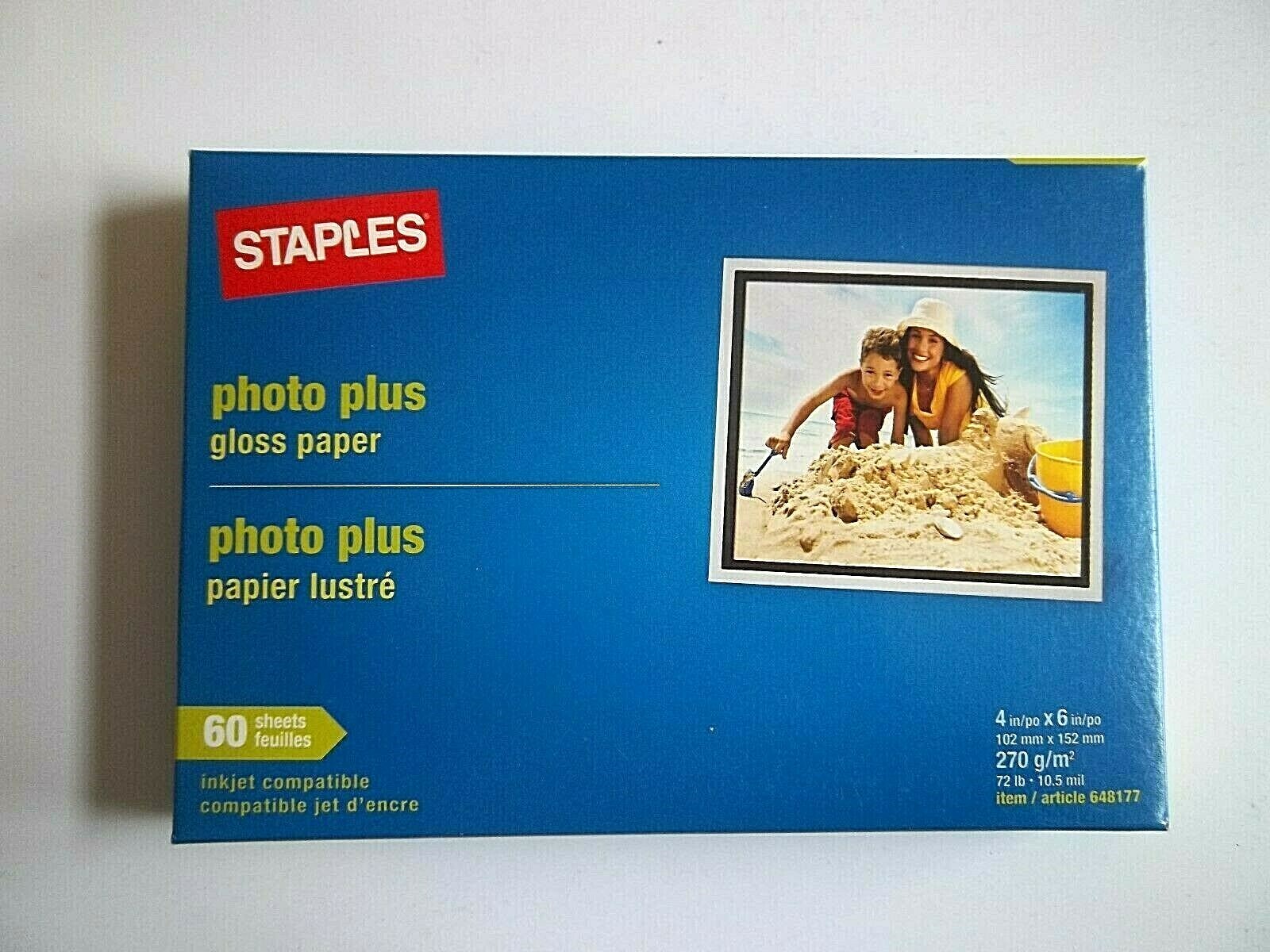 Staples Inkjet Photo Plus Gloss Paper 60 Sheets 4" x 6", 72 lb. 10.5 ...