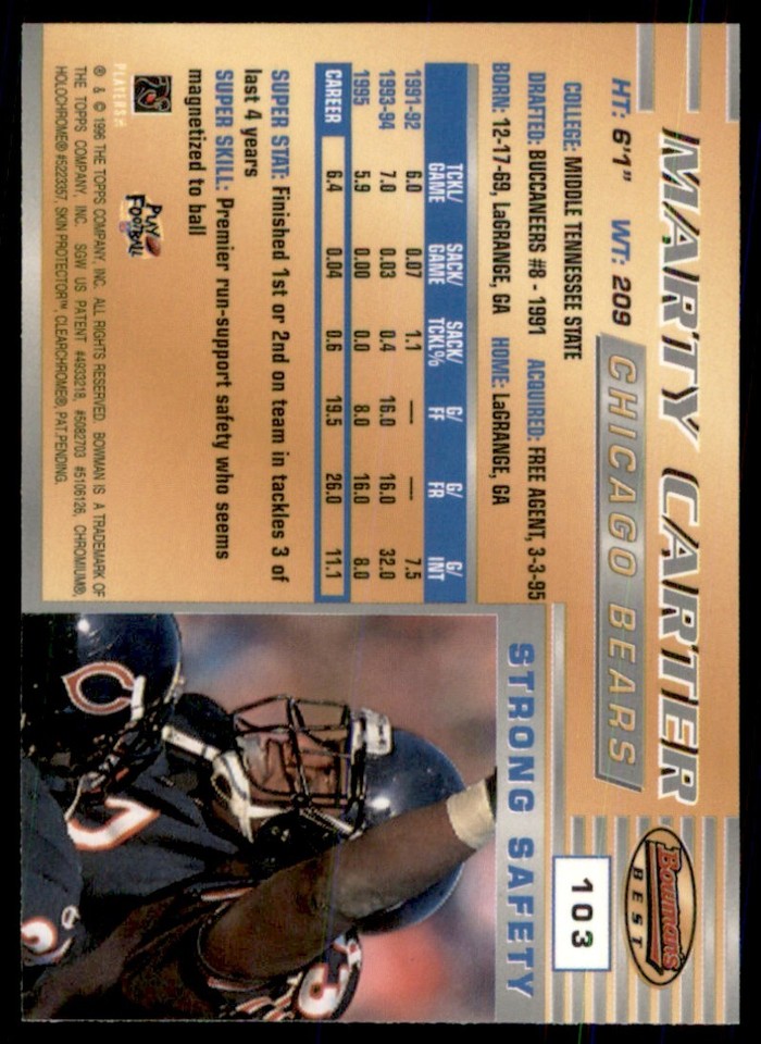 1996 BOWMAN'S BEST MARTY CARTER CHICAGO BEARS #103 | eBay