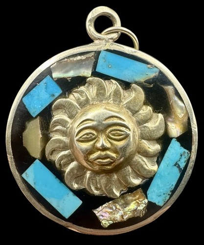 Sterling Aztec Calendar Sun Double Sided Amulet Pendant Inlay Turquoise ...