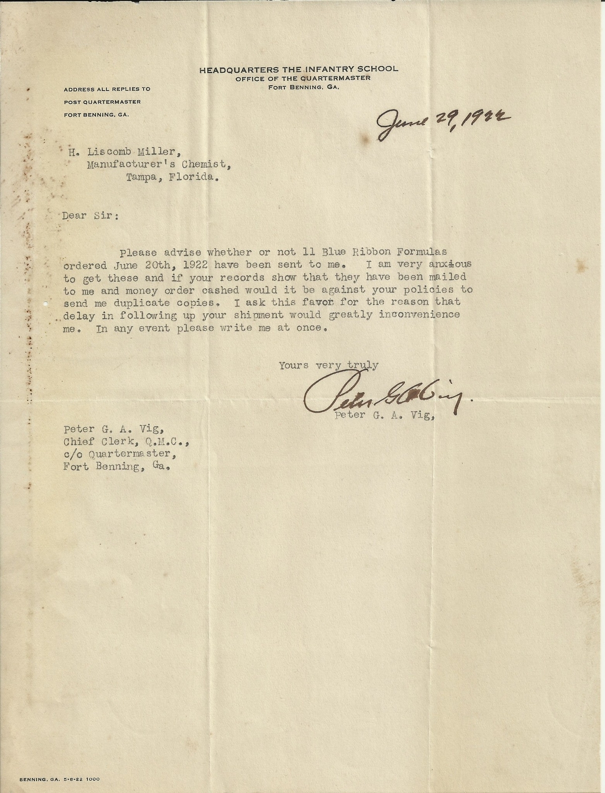OLD VINTAGE HEADQUARTERS THE INFANTRY SCHOOL FORT BENNING 1922 LETTER ...