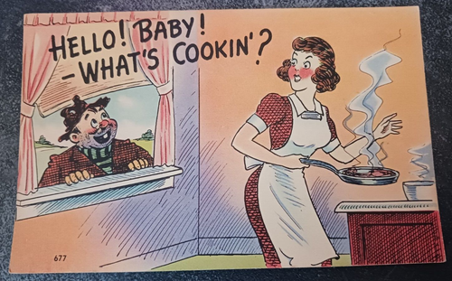 vtg postcard HELLO BABY WHAT'S COOKIN hobo lady comic humor unposted | eBay